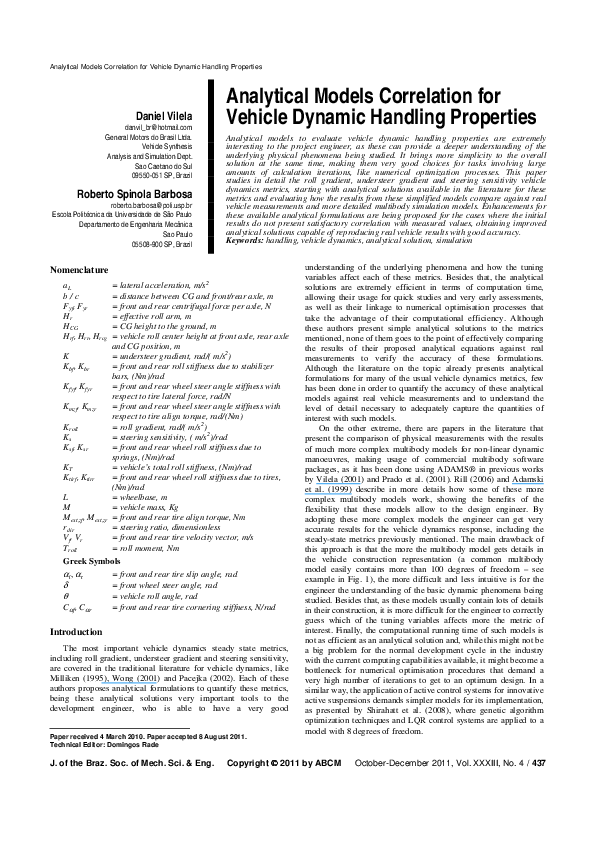 (PDF) Analytical models correlation for vehicle dynamic handling properties