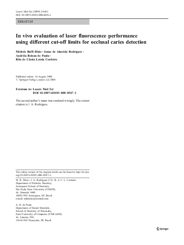 Pdf In Vivo Evaluation Of Laser Fluorescence Performance Using Different Cut Off Limits For