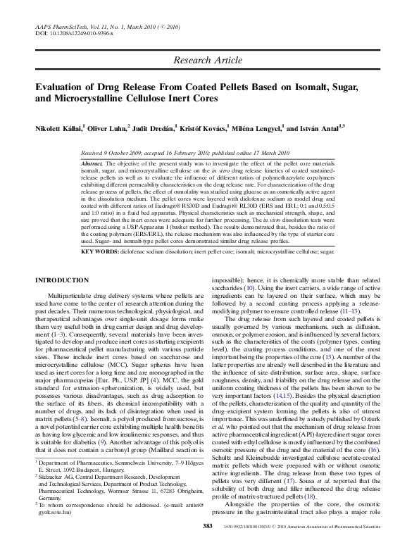 Pdf Evaluation Of Drug Release From Coated Pellets Based On Isomalt