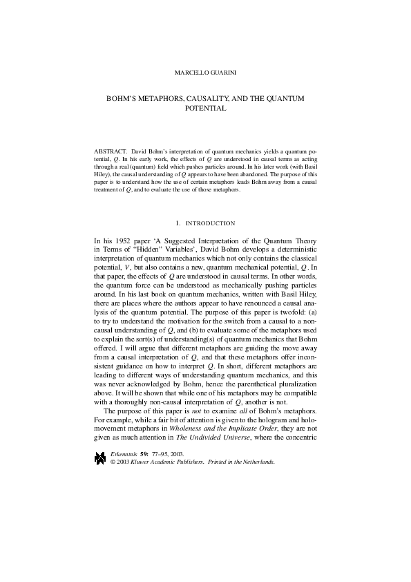 (PDF) Bohm's metaphors, causality, and the quantum potential