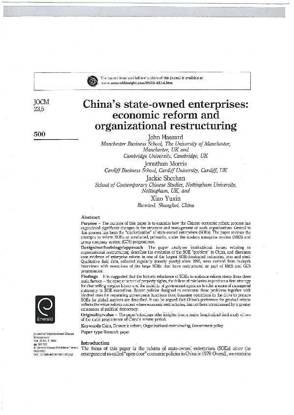 (PDF) China's state-owned enterprises: economic reform and ...