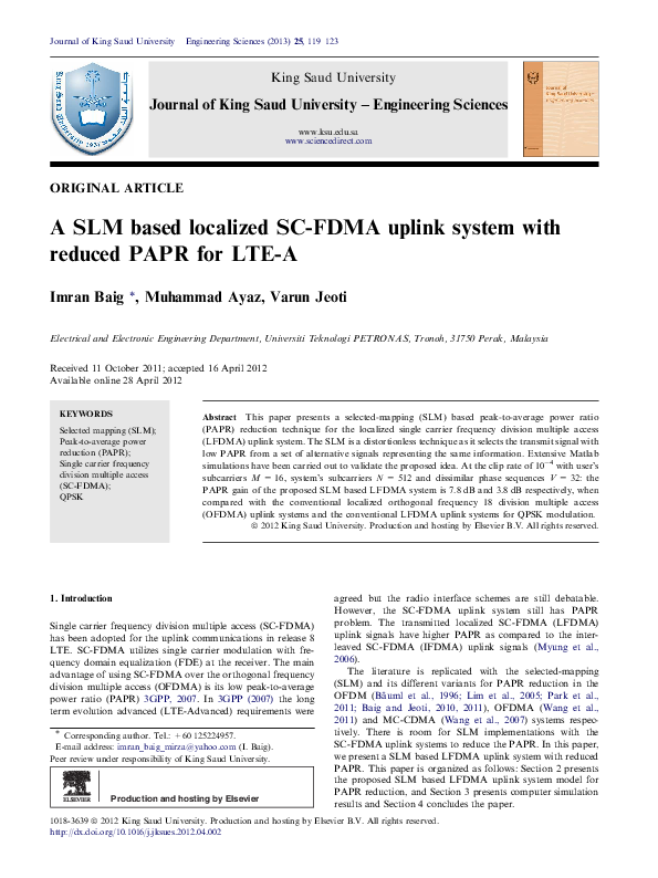(PDF) A SLM based localized SC-FDMA uplink system with reduced PAPR for LTE-A