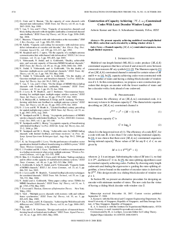 Pdf Construction Of Capacity Achieving M D Infty Constrained Codes With Least Decoder