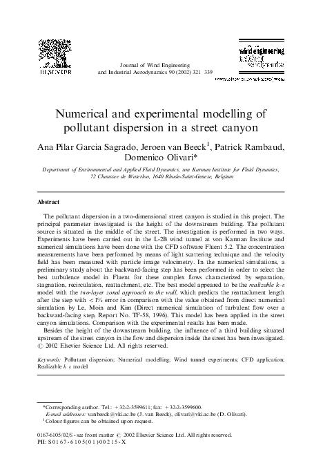 Pdf Numerical And Experimental Modelling Of Pollutant Dispersion In A Street Canyon