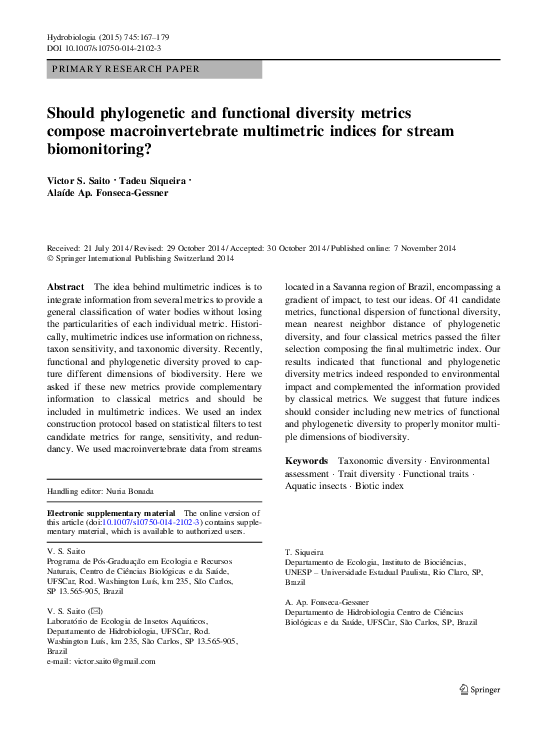 (PDF) Should phylogenetic and functional diversity metrics compose macroinvertebrate multimetric ...