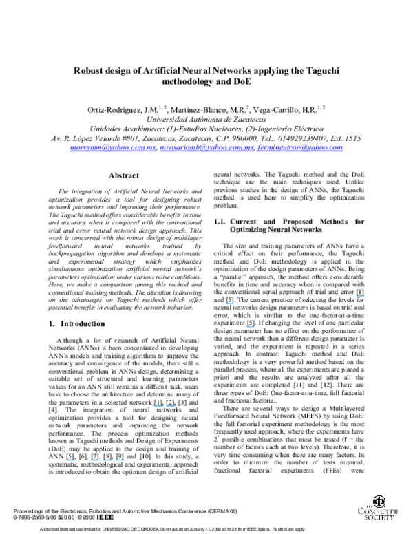 Pdf Robust Design Of Artificial Neural Networks Applying The Taguchi