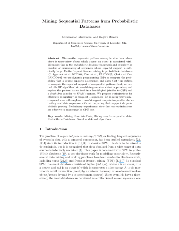 (PDF) Mining Sequential Patterns from Probabilistic Databases by Pattern-Growth