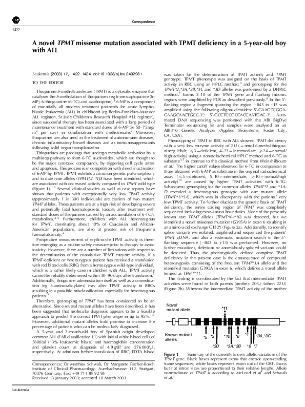 (PDF) A novel TPMT missense mutation associated with TPMT deficiency in ...