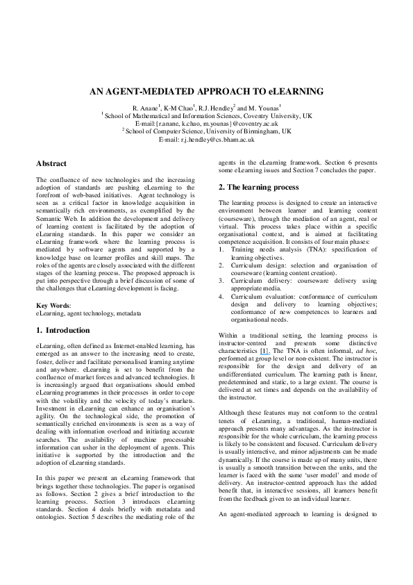 (PDF) An Agent-mediated Approach to eLearning