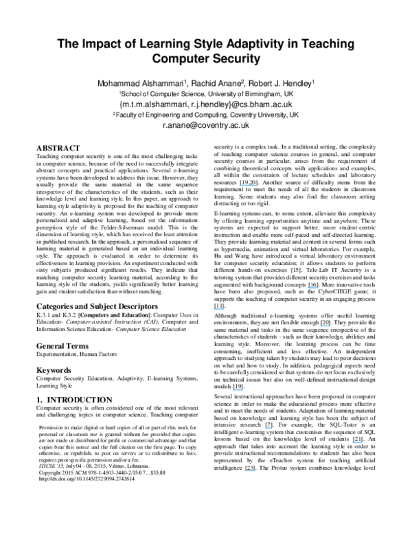 (PDF) The Impact of Learning Style Adaptivity in Teaching Computer Security
