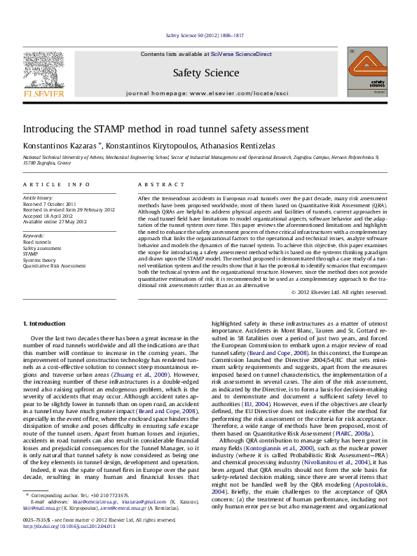 (PDF) Introducing the STAMP method in road tunnel safety assessment
