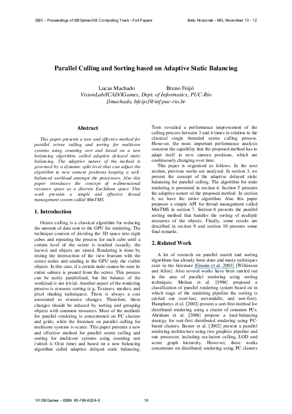Pdf Parallel Culling And Sorting Based On Adaptive Static Balancing