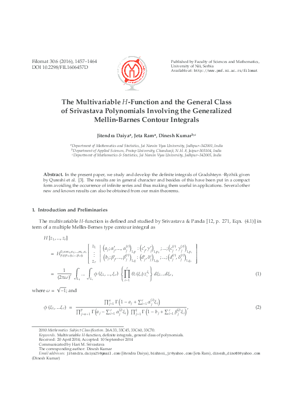 Pdf The Multivariable H Function And The General Class Of Srivastava Polynomials Involving