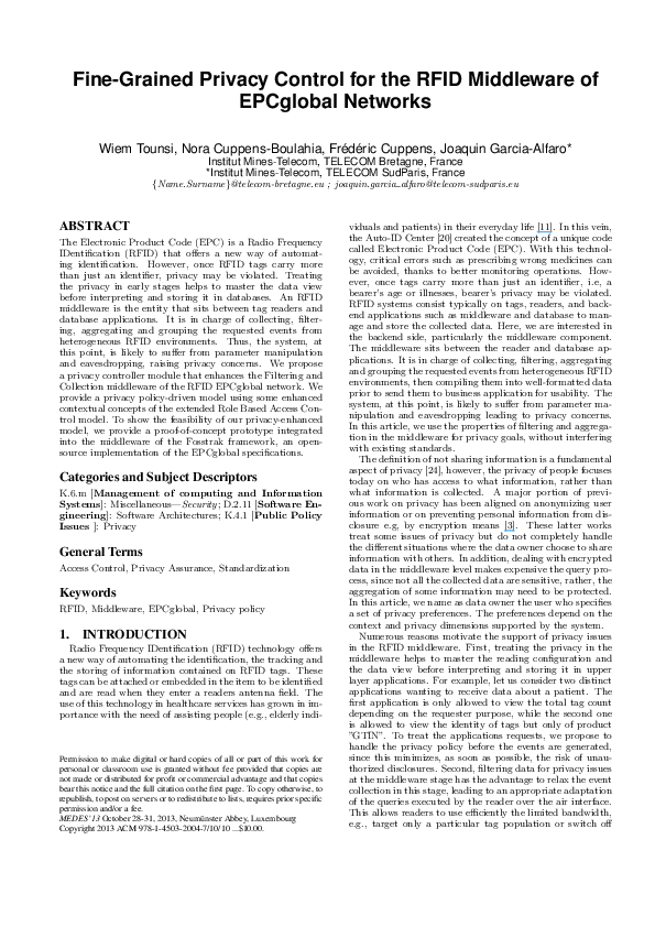 (PDF) Fine-grained privacy control for the RFID middleware of EPCglobal networks