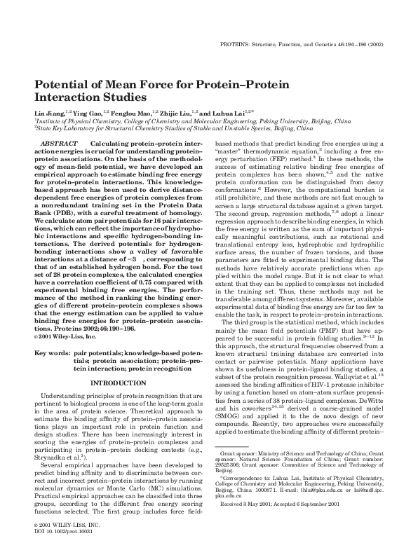 (PDF) Potential of mean force for protein-protein interaction studies