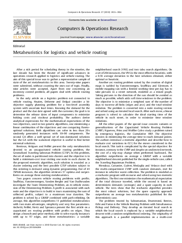 (PDF) Metaheuristics for logistics and vehicle routing