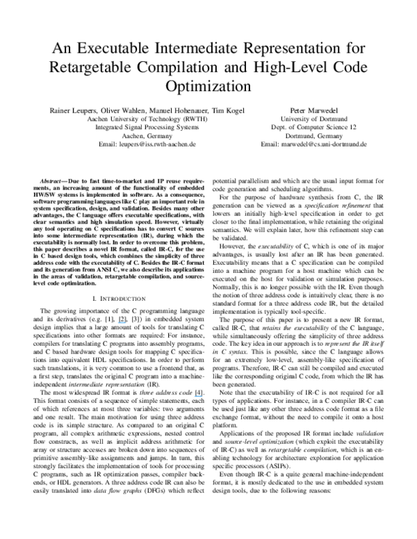 (PDF) An Executable Intermediate Representation for Retargetable Compilation and High-Level Code ...