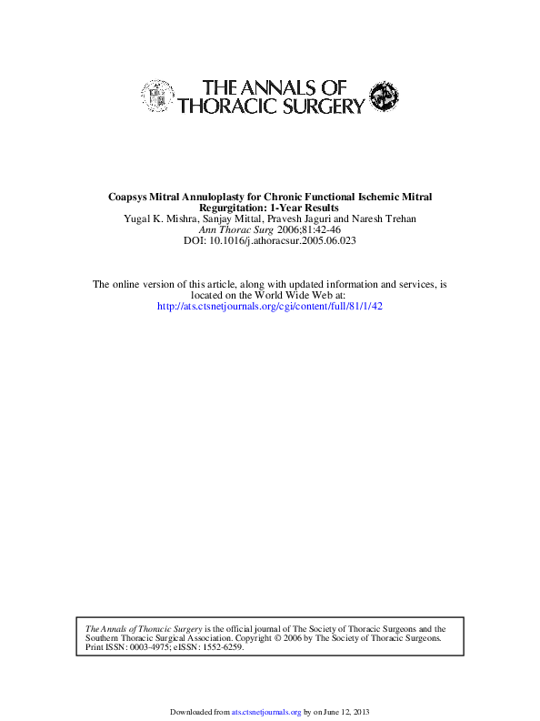 (PDF) Coapsys Mitral Annuloplasty for Chronic Functional Ischemic ...