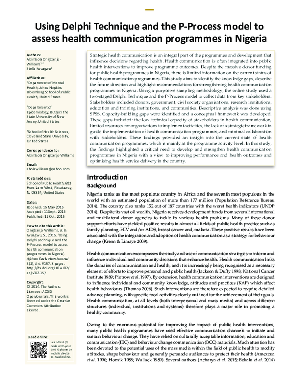 (PDF) Using Delphi Technique and the P-Process model to assess health communication programmes ...