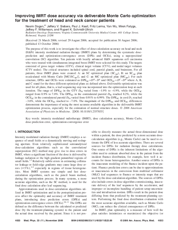 (PDF) Improving IMRT dose accuracy via deliverable Monte Carlo optimization for the treatment of ...