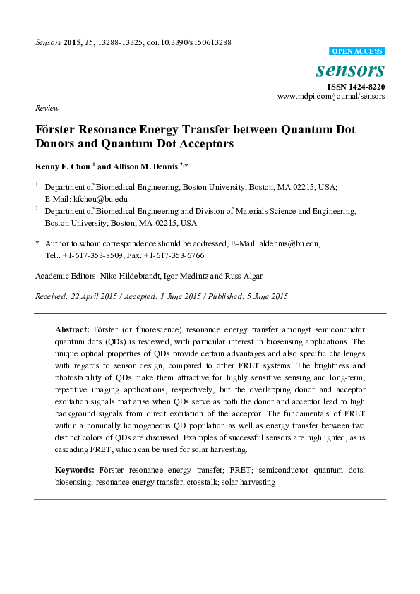 (PDF) Förster Resonance Energy Transfer between Quantum Dot Donors and Quantum Dot Acceptors