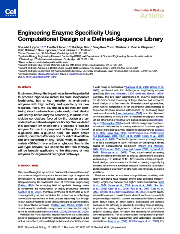 (PDF) Engineering Enzyme Specificity Using Computational Design of a ...