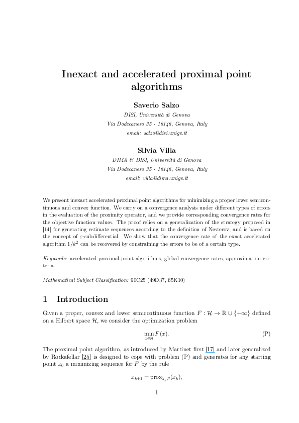 Pdf Inexact And Accelerated Proximal Point Algorithms