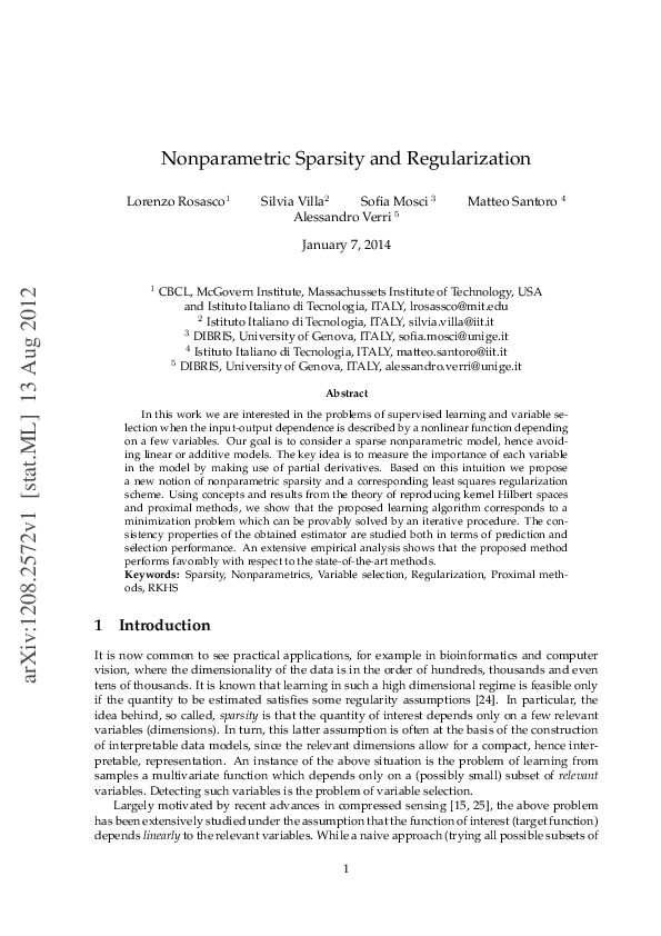 (PDF) Nonparametric Sparsity and Regularization