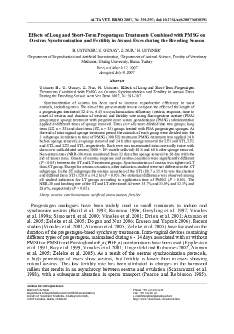 Pdf Effects Of Long And Short Term Progestagen Treatments Combined With Pmsg On Oestrus