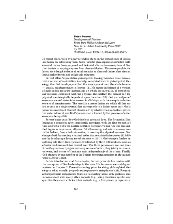 (PDF) Peter Forrest, Developmental Theism: From Pure Will to Unbounded ...