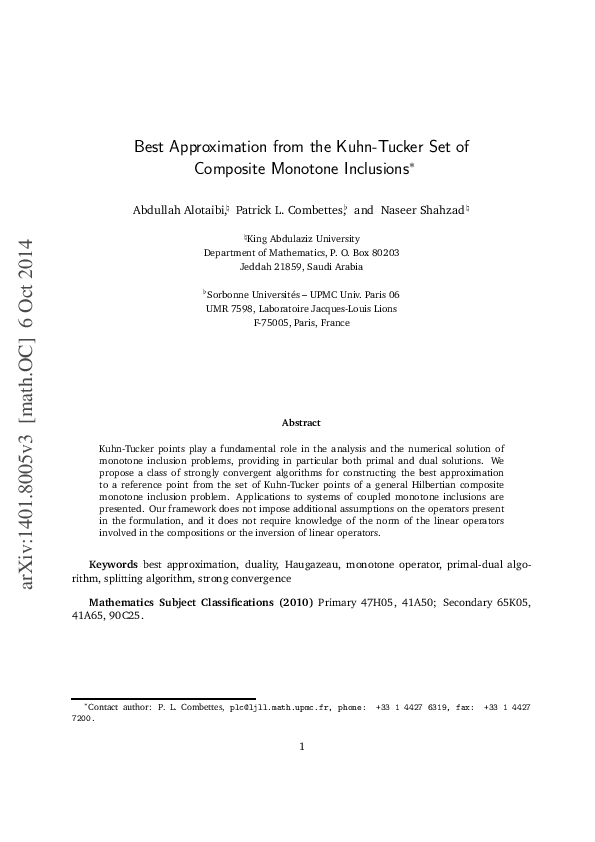 Pdf Best Approximation From The Kuhn Tucker Set Of Composite Monotone Inclusions Naseer