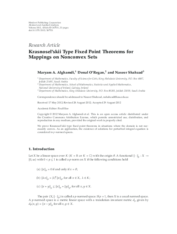 (PDF) Krasnosel’skii Type Fixed Point Theorems for Mappings on Nonconvex Sets
