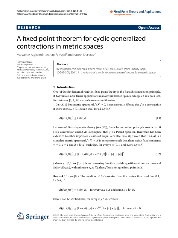 Pdf A Fixed Point Theorem For Cyclic Generalized Contractions In Metric Spaces