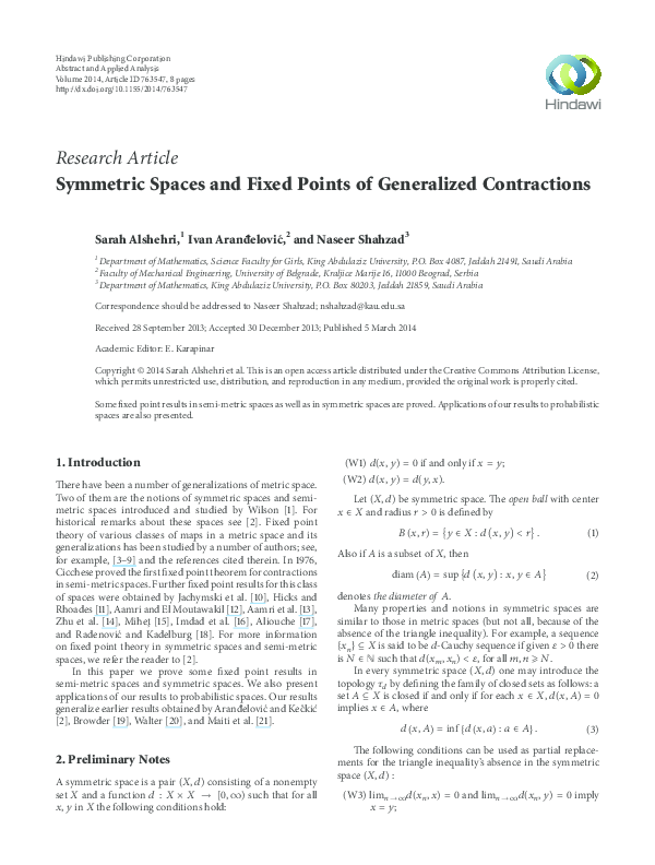 (PDF) Symmetric Spaces and Fixed Points of Generalized Contractions