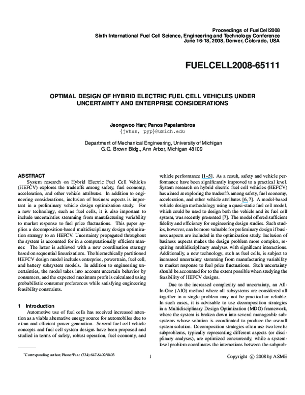 (PDF) Optimal Design of Hybrid Electric Fuel Cell Vehicles Under ...