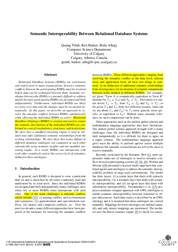 Pdf Semantic Interoperability Between Relational Database Systems