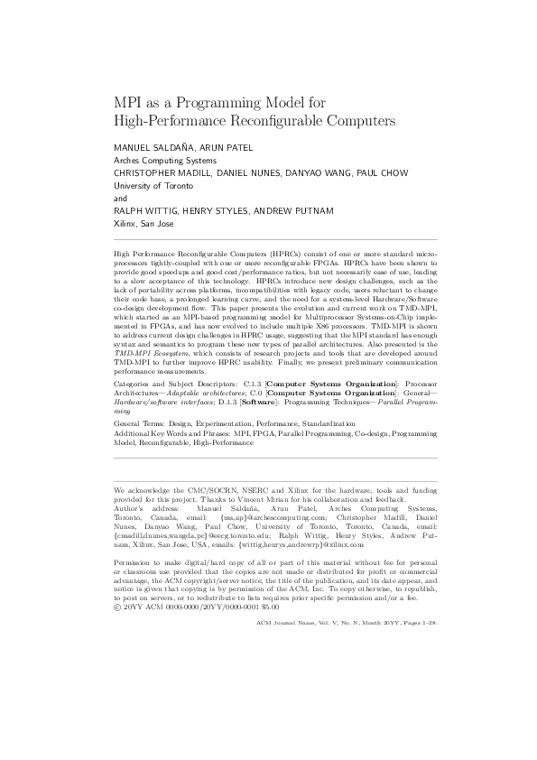 (PDF) MPI as a Programming Model for High-Performance Reconfigurable Computers