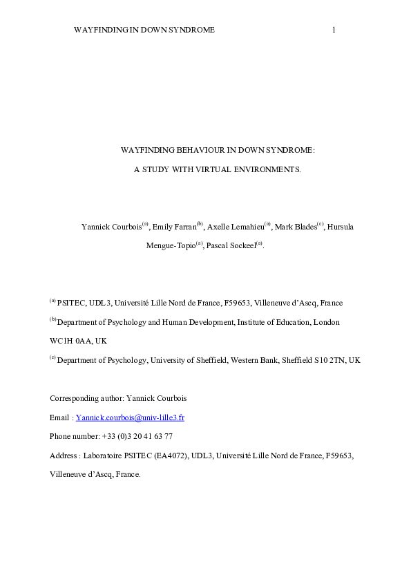 (PDF) Wayfinding Behaviour in Down Syndrome: A Study with Virtual Environments