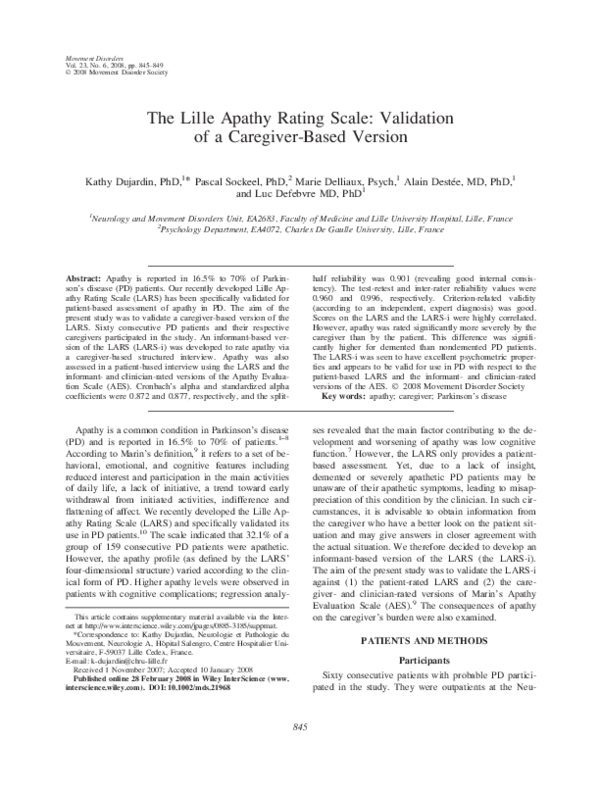 (PDF) The Lille Apathy Rating Scale: Validation of a caregiver-based ...