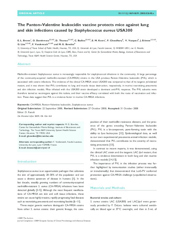 (PDF) The Panton-Valentine leukocidin vaccine protects mice against lung and skin infections ...