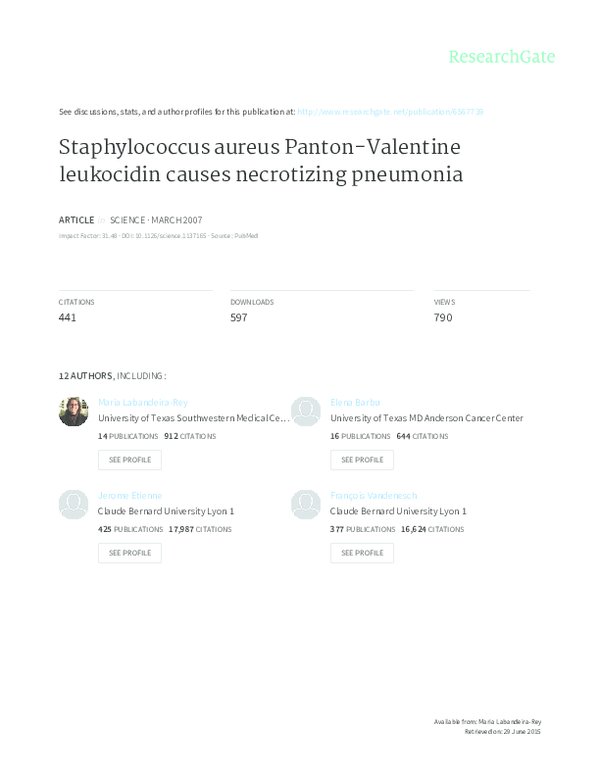 (PDF) Staphylococcus aureus Panton-Valentine Leukocidin Causes Necrotizing Pneumonia