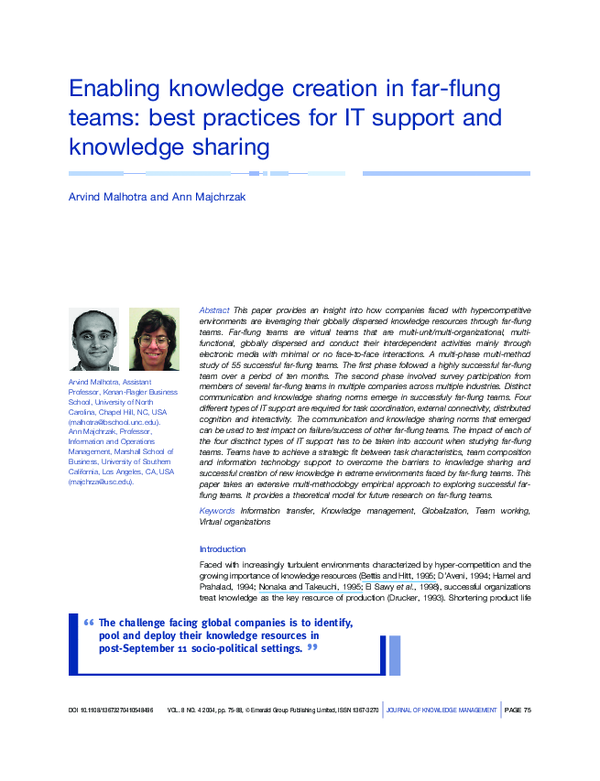 (PDF) Enabling knowledge creation in far-flung teams: best practices for IT support and ...
