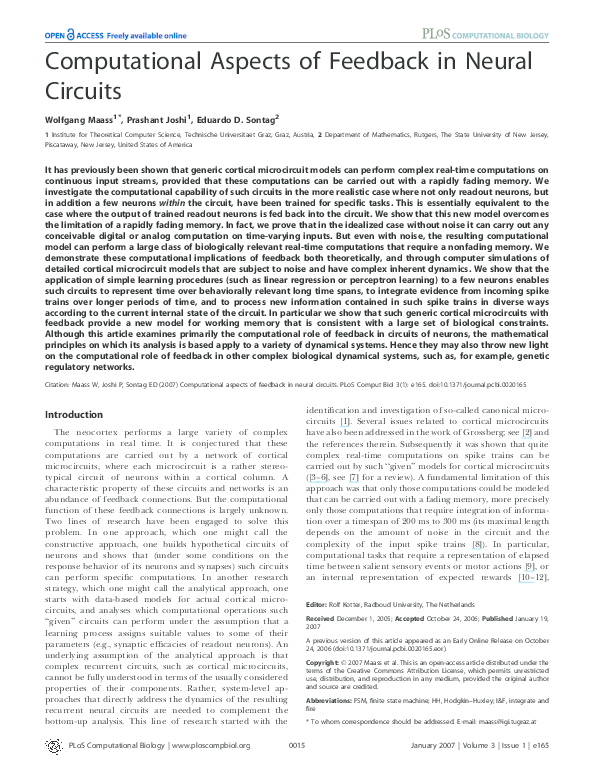 (PDF) Computational Aspects of Feedback in Neural Circuits