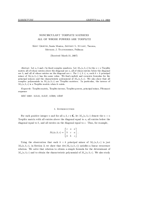 (PDF) Noncirculant Toeplitz matrices all of whose powers are Toeplitz