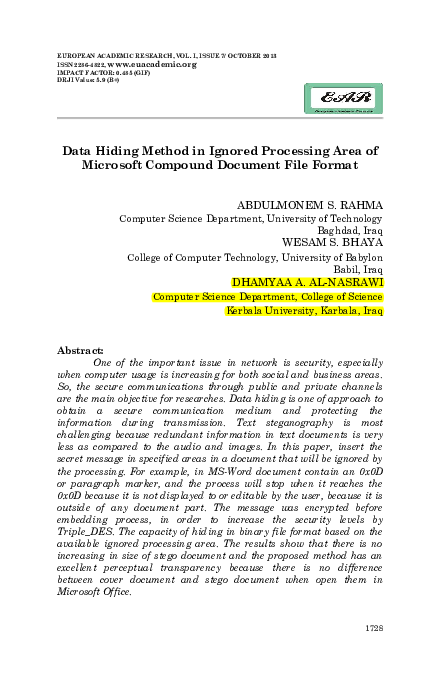 Pdf Data Hiding Method In Ignored Processing Area Of Microsoft Compound Document File Format