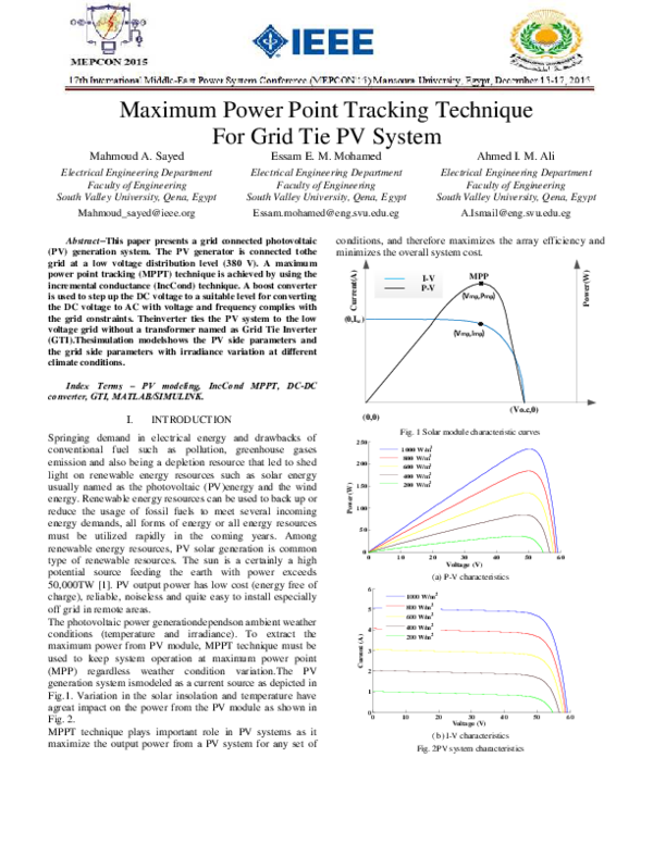 Pdf Maximum Power Point Tracking Technique For Grid Tie Pv System 