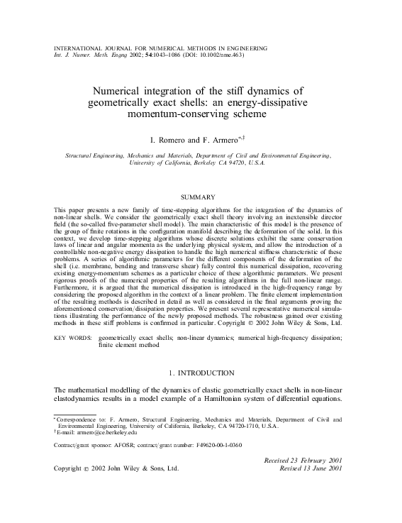 (PDF) Numerical integration of the stiff dynamics of geometrically exact shells: an energy ...