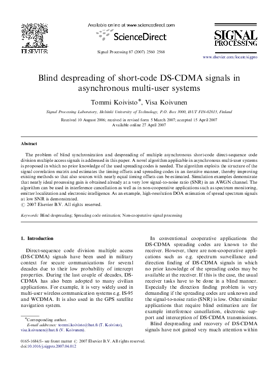 Pdf Blind Despreading Of Short Code Ds Cdma Signals In Asynchronous Multi User Systems
