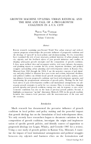 (PDF) GROWTH MACHINE UP-LINKS: URBAN RENEWAL AND THE RISE AND FALL OF A ...