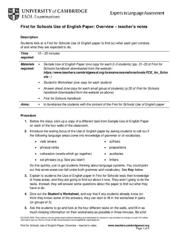 (PDF) First for Schools Use of English Paper: Overview – teacher's notes